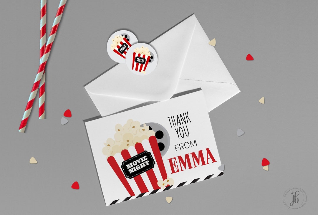 Movie Night Thank You Card: Custom Birthday Party, Personalized Popcorn ...