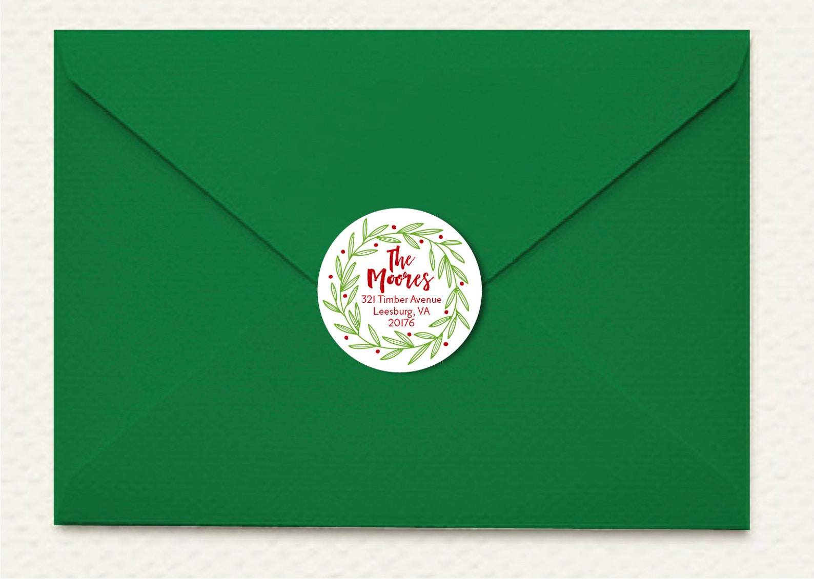 Round Personalized Christmas Return Address Stickers Green Leaves and ...