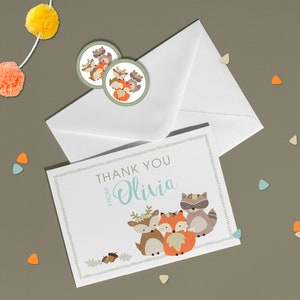 Woodland Party Animals Personalized Thank You Cards and Matching Round ...