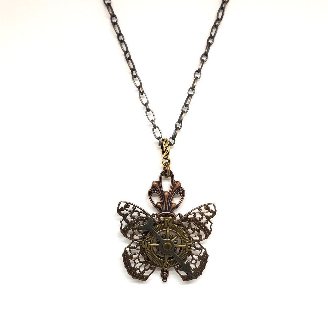 Butterfly Necklace - Steampunk Butterfly Compass Pendant - Butterfly ...