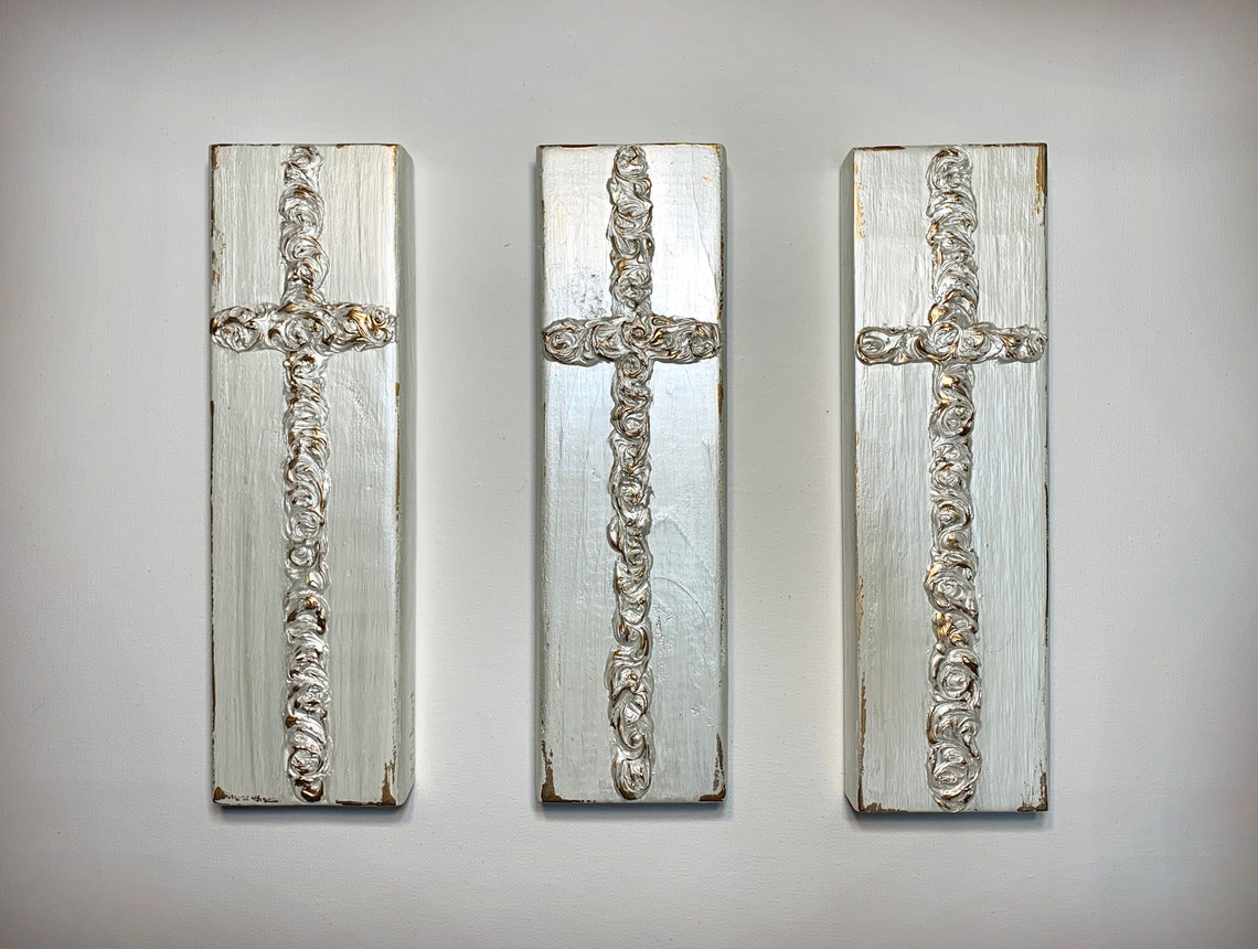 Heavy Texture Paint Aged Cross on Wood 4x14 White and Gold - Etsy