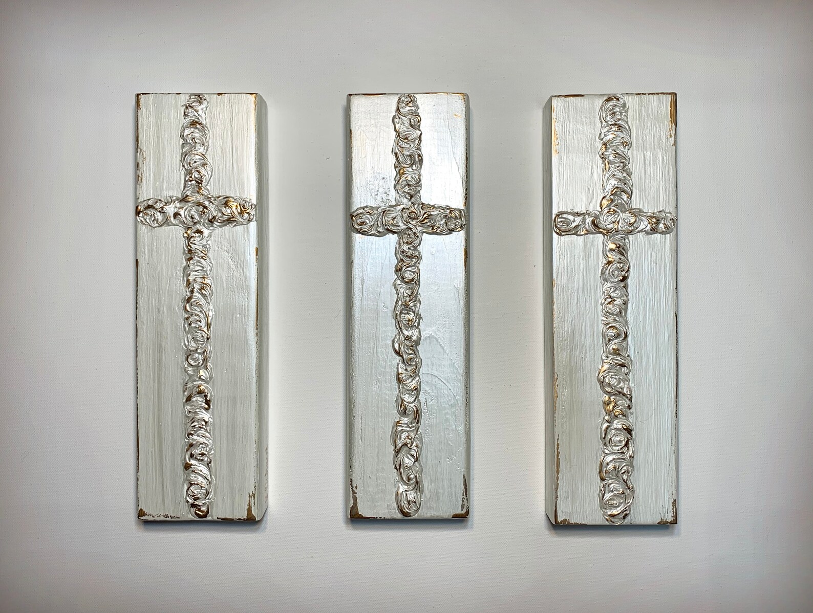 Heavy Texture Paint Aged Cross on Wood 4x14 White and Gold - Etsy