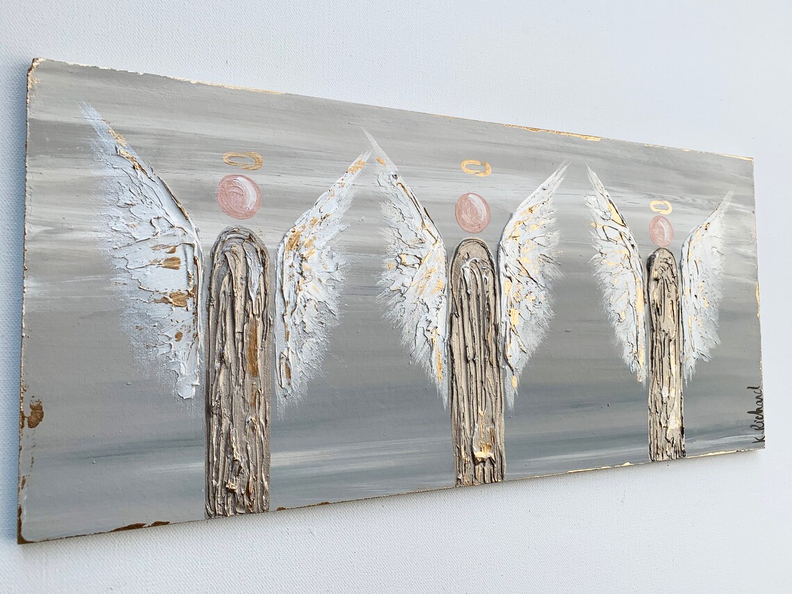 Angel Trio on Wood, 8"x16” Heavy Texture, Hand Painted - Etsy