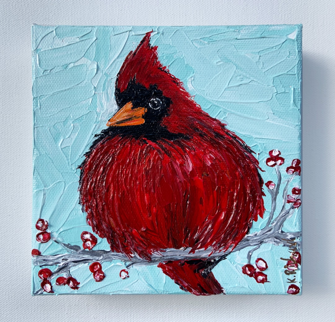 Fluffy Red Cardinal Painting, 6"x6" - Etsy