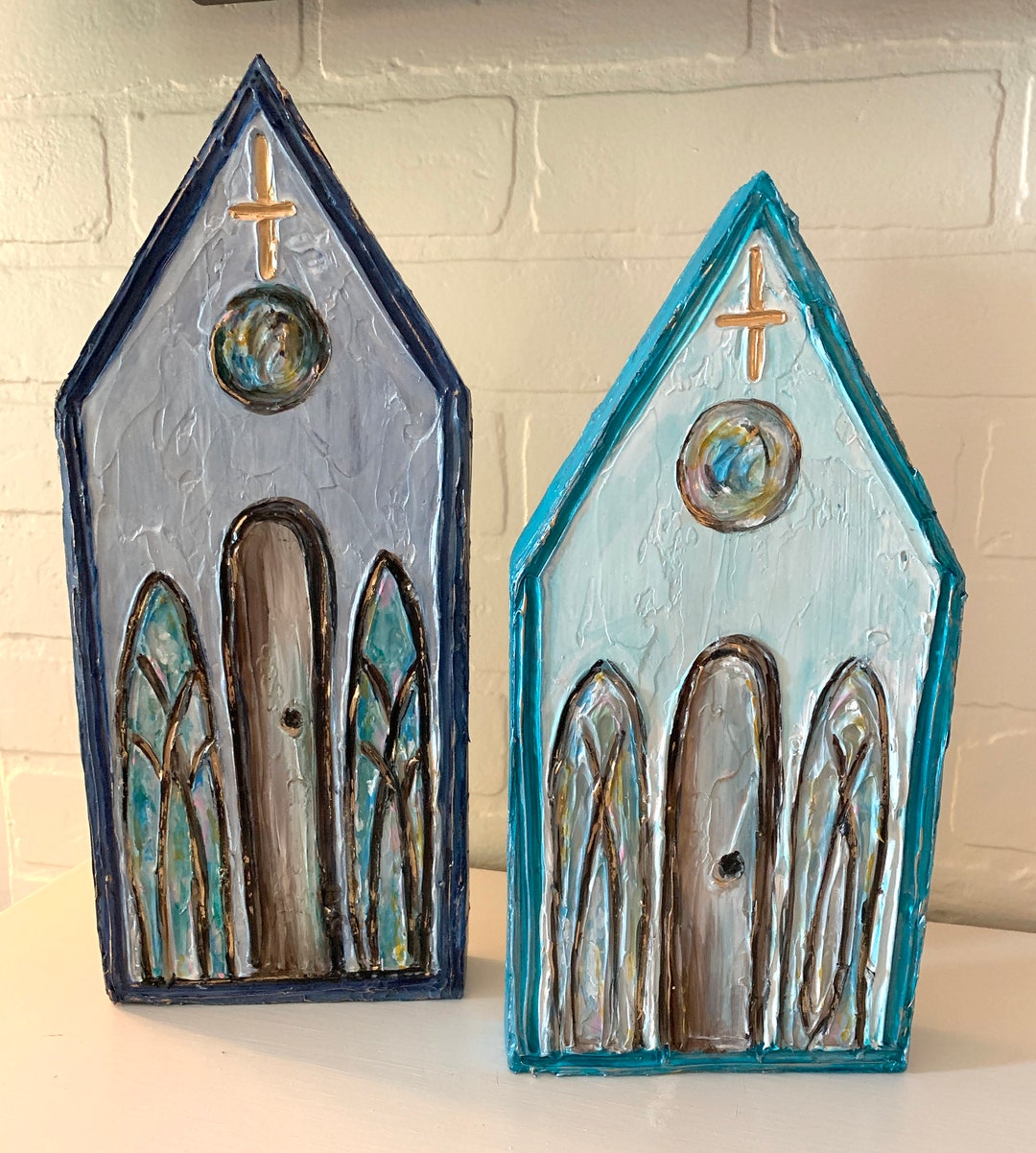 Church on Painted Wood, Heavy Texture Painting 6"x12", Hand Painted on ...