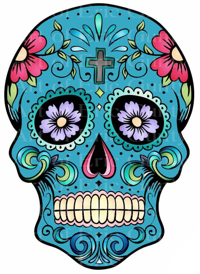 Teal Sugar Skull Halloween Birthday Edible 2D Fondant - Etsy