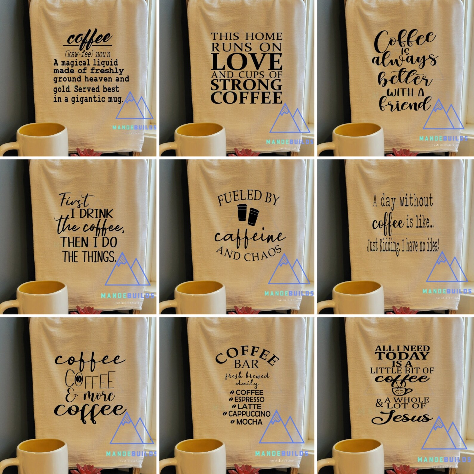 Funny Tea Towels/ Coffee Quotes/ Handmade Kitchen Towels/ Rustic Chic ...