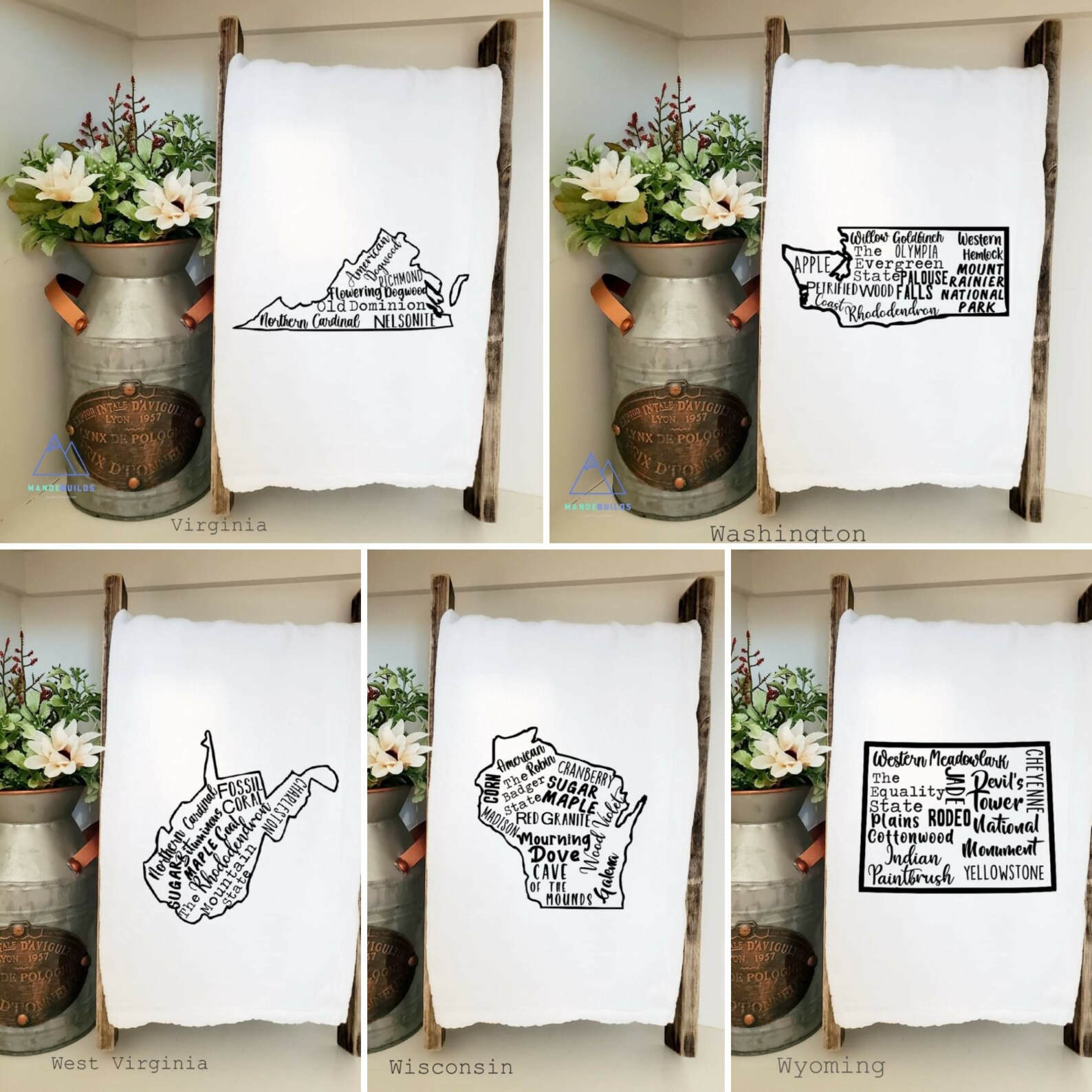 Personalized State Tea Towels/ Handmade Kitchen Towels/ Rustic Chic ...