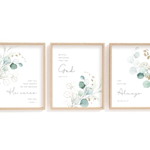 Scripture Print Set, Botanical Print Set of 3, Green Eucalyptus Print ...