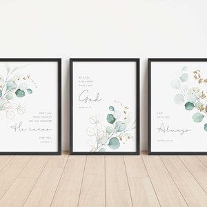 Scripture Print Set, Botanical Print Set of 3, Green Eucalyptus Print ...