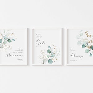 Scripture Print Set, Botanical Print Set of 3, Green Eucalyptus Print ...