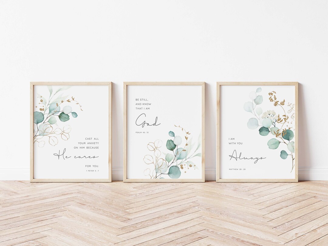 Scripture Print Set, Botanical Print Set of 3, Green Eucalyptus Print ...