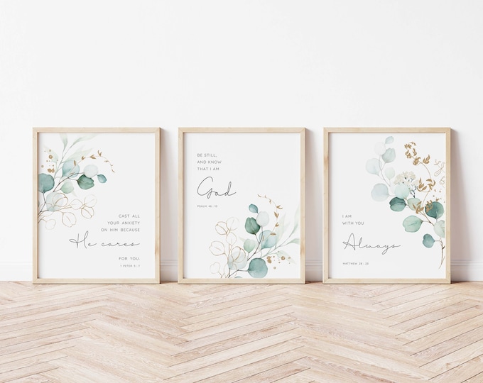 Scripture Print Set, Botanical Print Set of 3, Green Eucalyptus Print ...