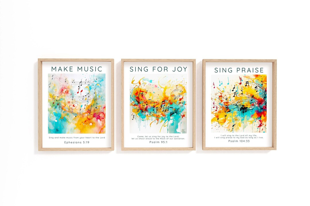 Music Bible Verse Wall Art Set of 3 Prints Triptych, Christian Gifts ...