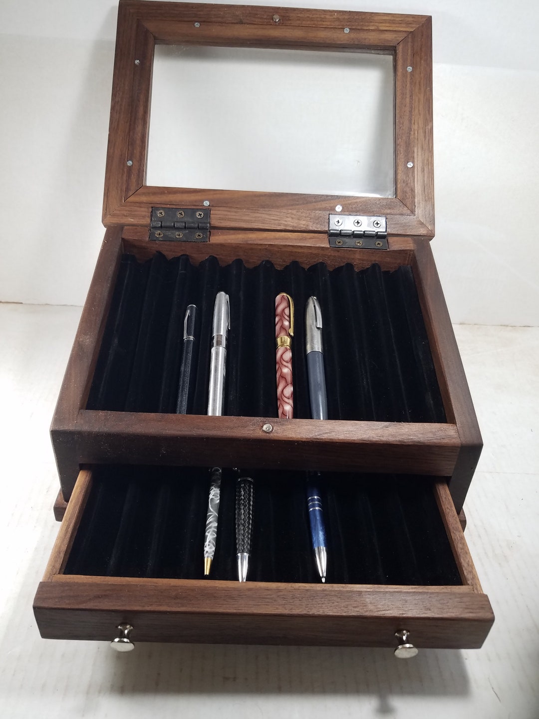 20P Deluxe Solid Black Walnut Wood Slant Top Pen Box, (OP0513 ) 20 Item ...