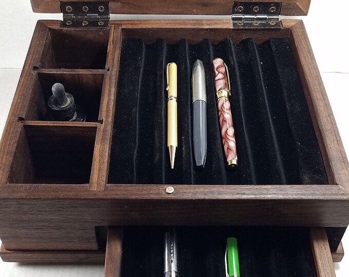 12P Solid Black Walnut Wood Pen Case With Ink Bottle Storage - Etsy