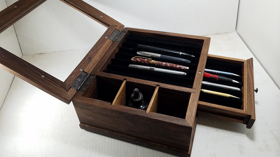 12P Solid Black Walnut Wood Pen Case With Ink Bottle Storage ( OP0507 ...