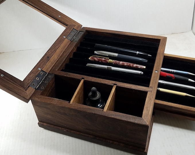 12P Solid Black Walnut Wood Pen Case With Ink Bottle Storage ( OP0507 ...