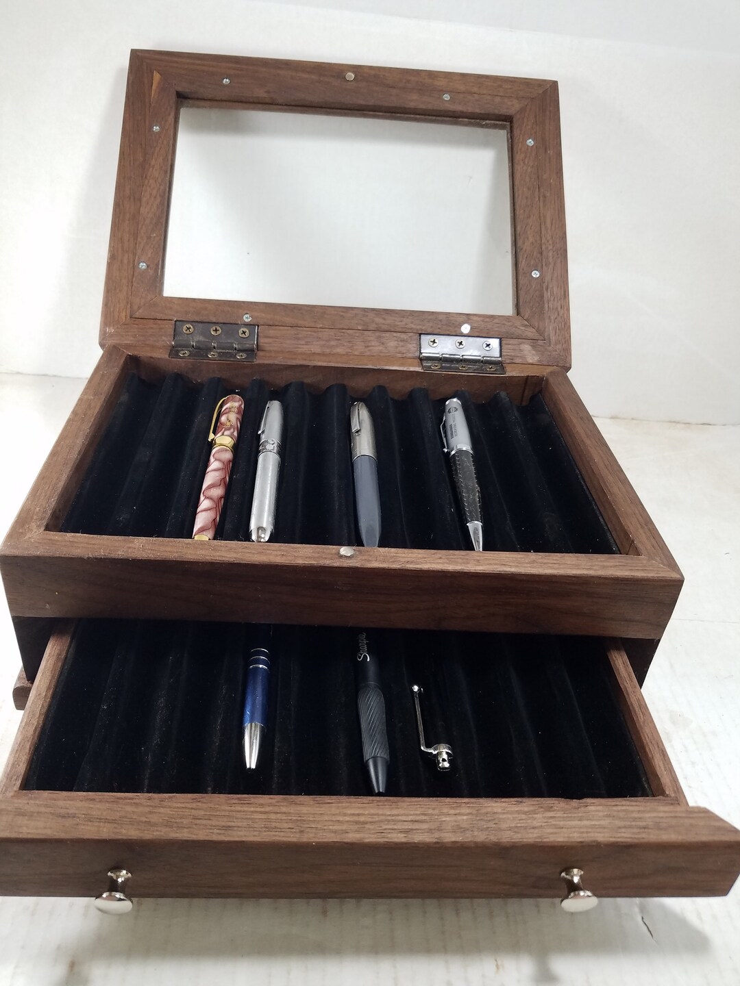 20P Deluxe Solid Black Walnut Wood Pen Box, (OP0516) 19 Item Box, Pen ...