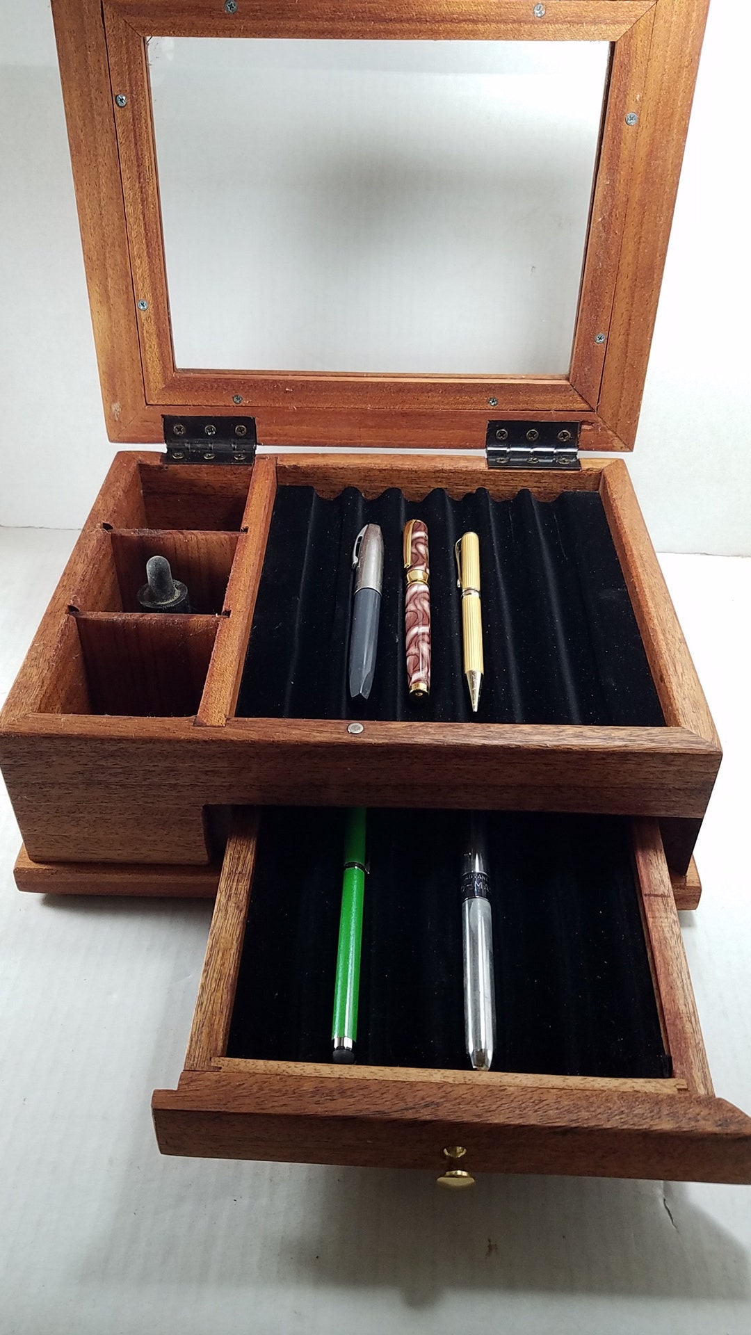 12P I Solid Wood African Mahogany Pen Case With Ink Bottle Storage ...