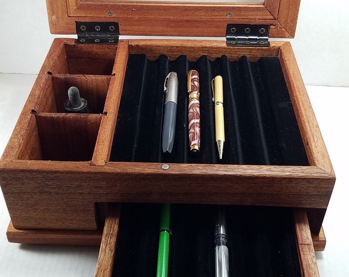 12P I Solid Wood African Mahogany Pen Case With Ink Bottle Storage ...