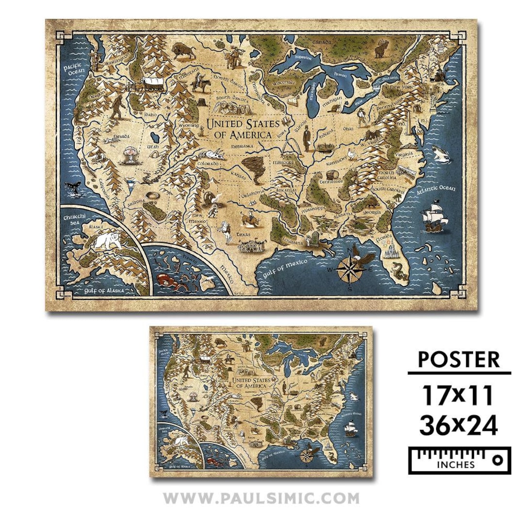 United States of America Map - Original Fantasy Map of USA - 11x17 ...