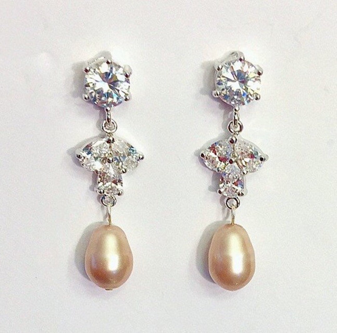 Bridal Champagne Pearl and CZ Earringsswarovski Pear Pearls - Etsy