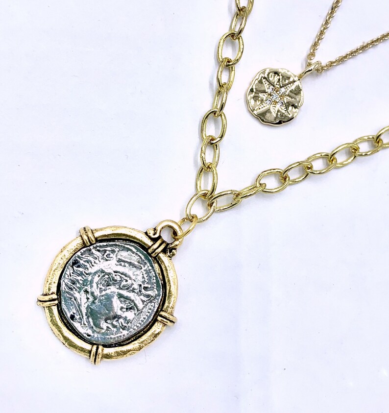 Gold Coin Layered Necklace,depicts Ancient Roman Coin Charm Dangling on ...
