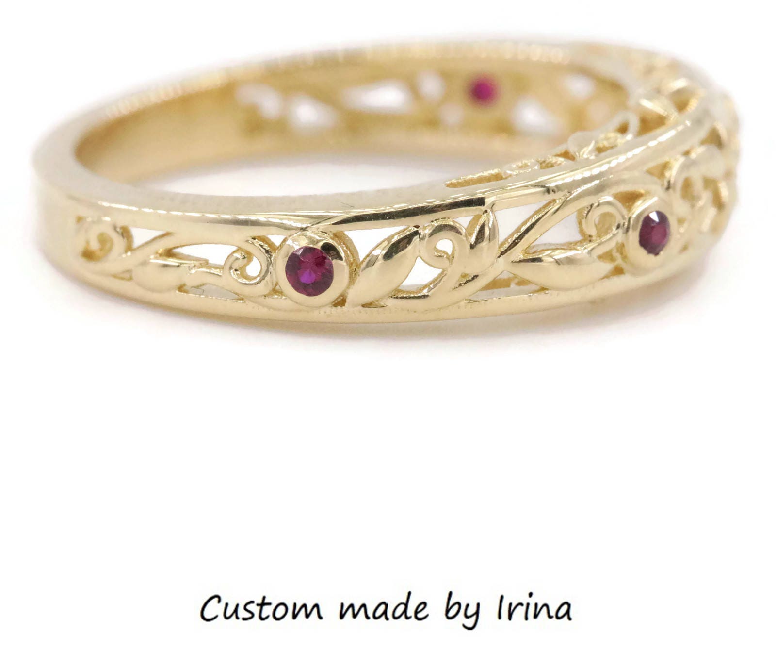 Rustic leaf ruby wedding ring, bohemian vintage style filigree wedding ...