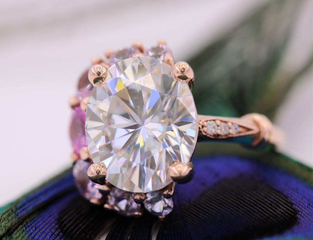 5 Ct IGI Certified Lab Diamond Ombre Cluster Half Moon Halo Engagement ...