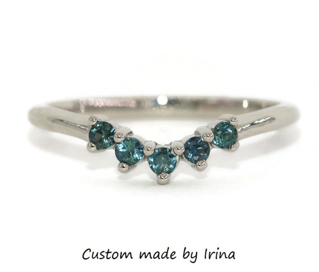Curved Nesting Wedding Ring With 5 Stone Teal Blue Green Sapphires - Etsy