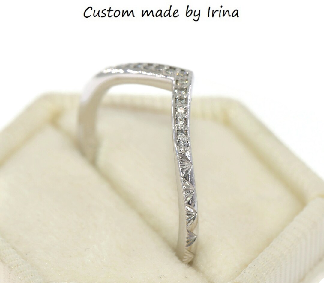 Hand Engraved Etched Chevron Wedding Band With Pave Set Diamonds 14k ...
