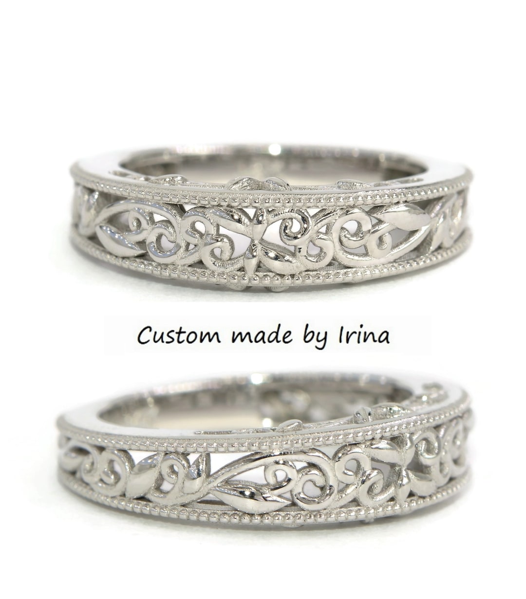 Milgrain Leaf Vine Scroll Pattern Filigree Rustic Wedding Ring Custom ...