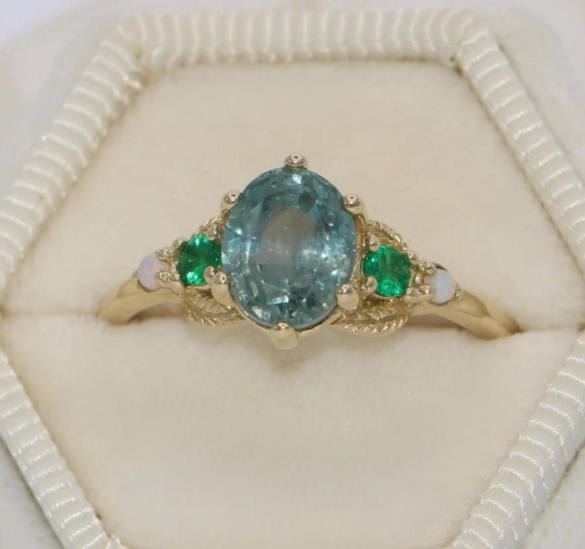 5 Stone Hand Engraved Leaf Ring With Opals and Emeralds 14k Solid Gold ...
