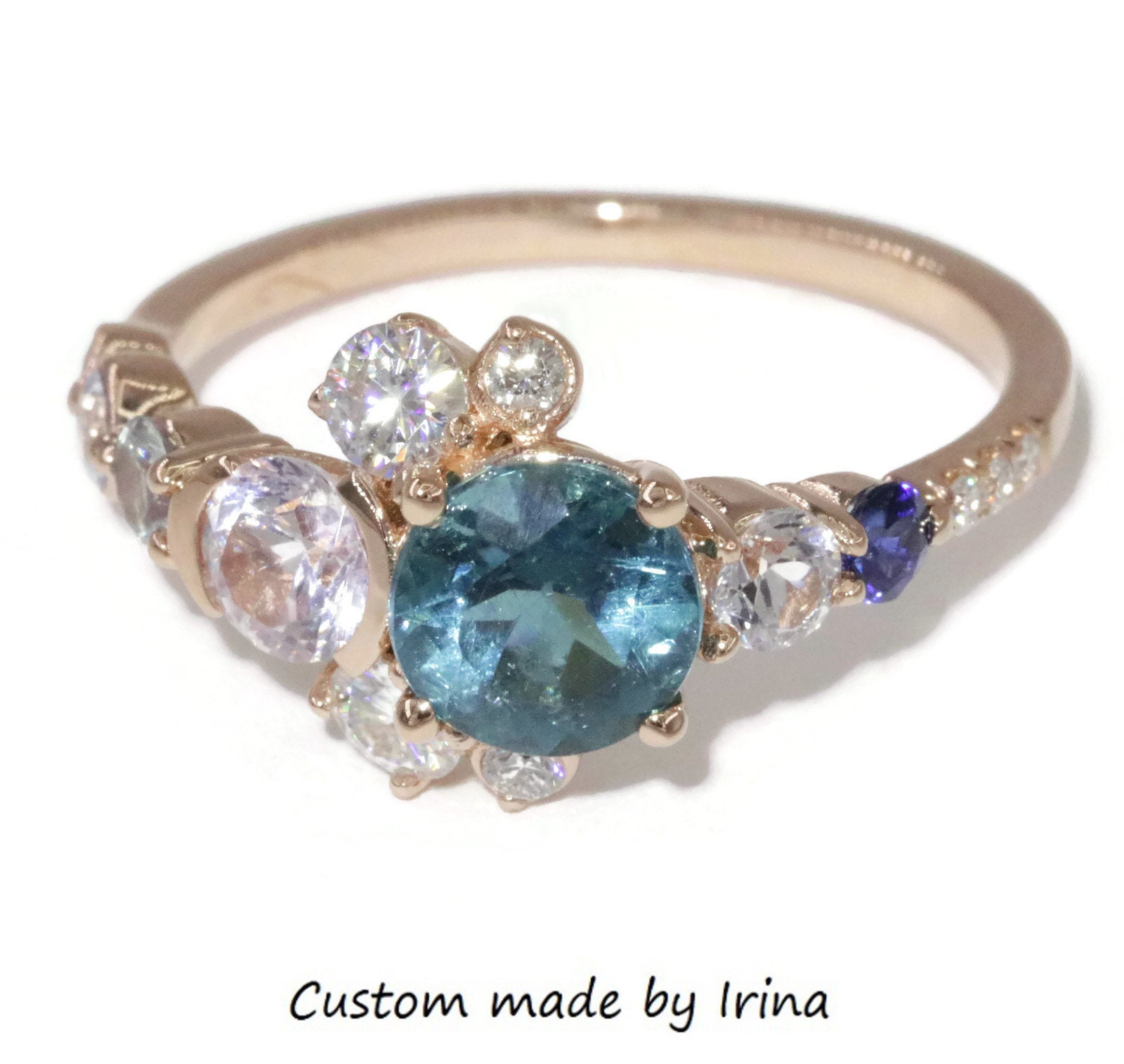 Indicolite Tourmaline Cluster Engagement Ring by Irina