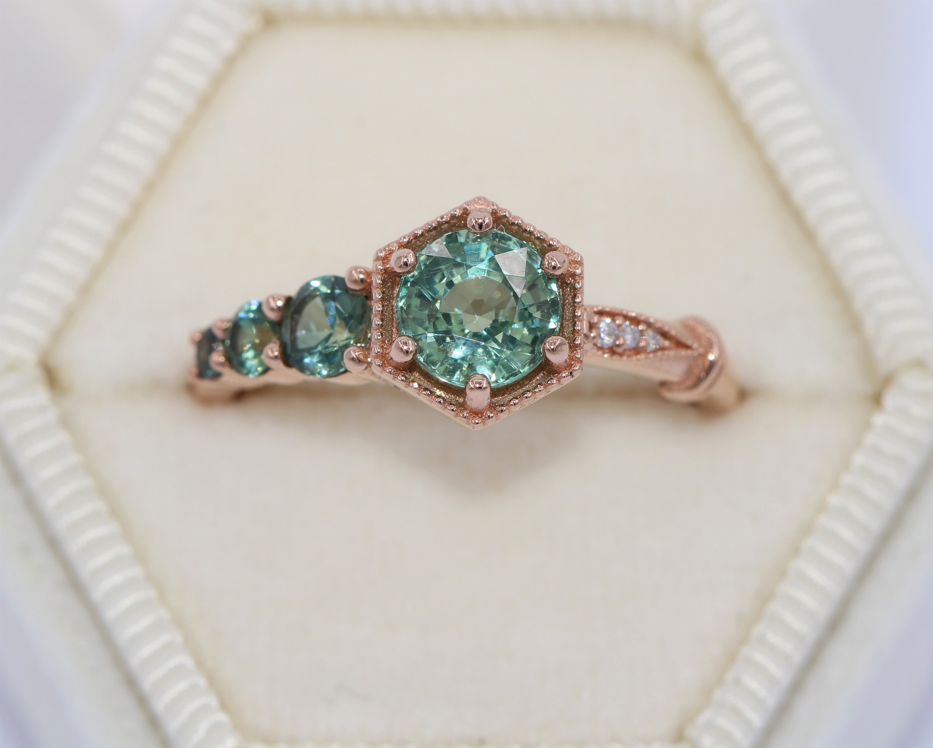 Teal Montana Green Hexagon Sapphire Vintage Edwardian Cluster