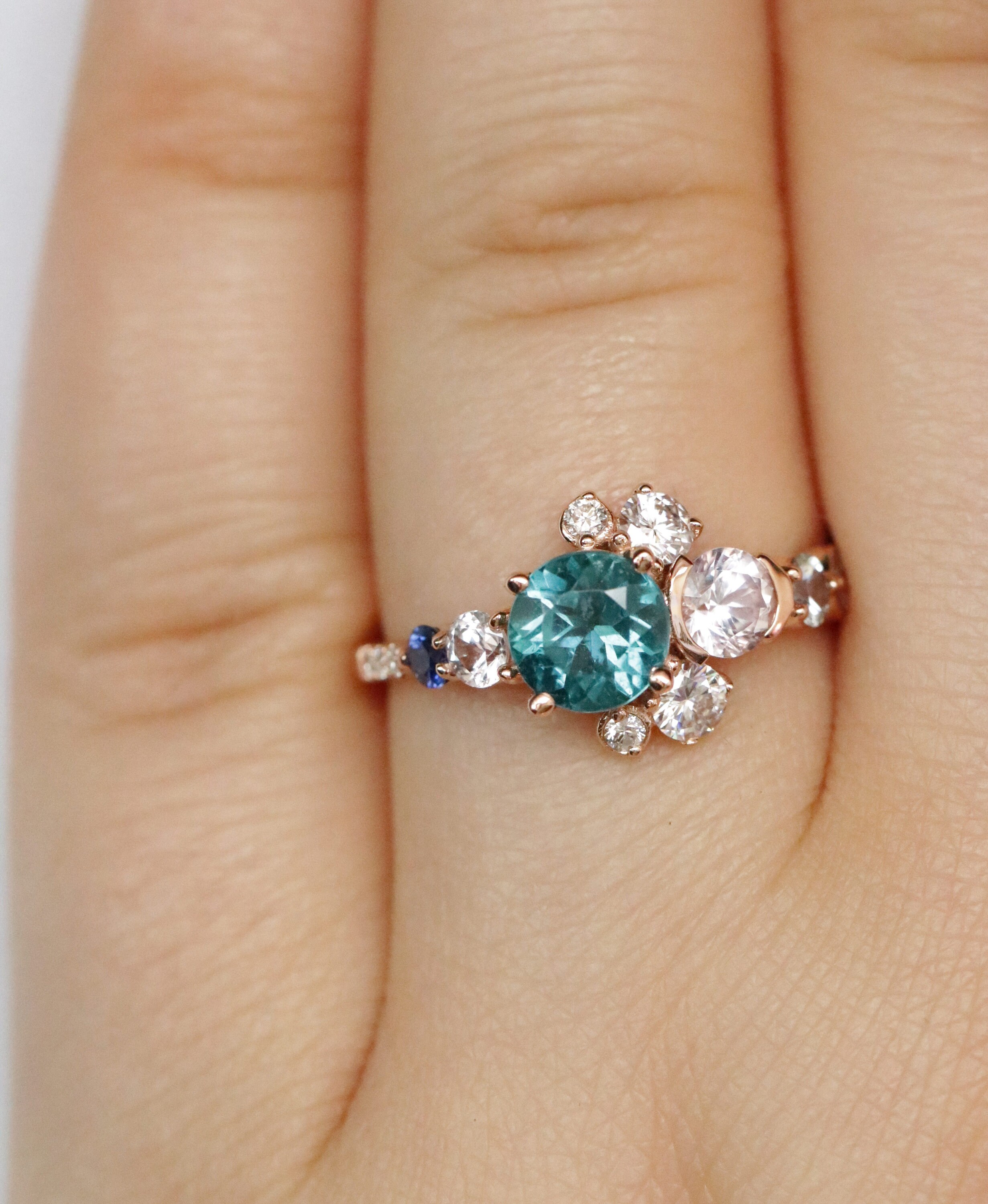 Indicolite Tourmaline Cluster Engagement Ring by Irina