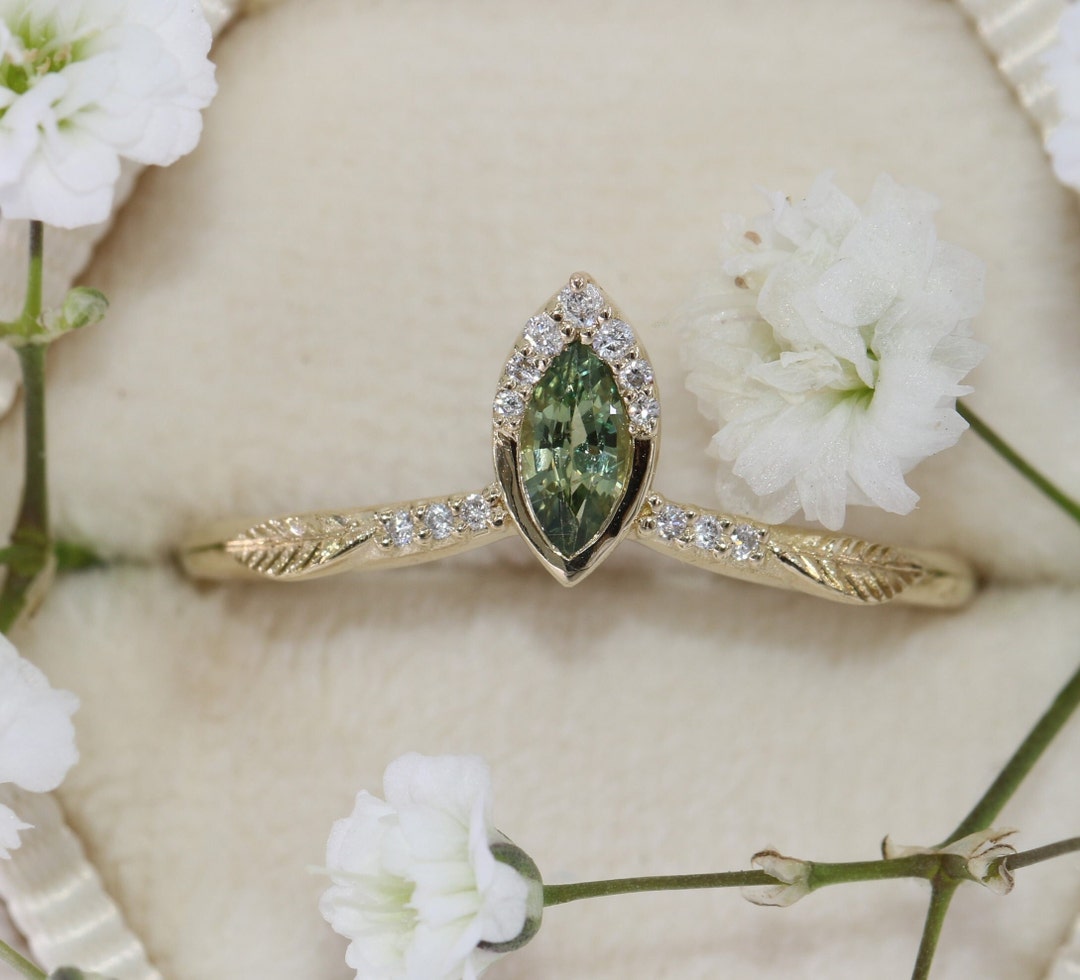Marquise Green Sapphire Hand Engraved Leaves Diamond Ring - Etsy