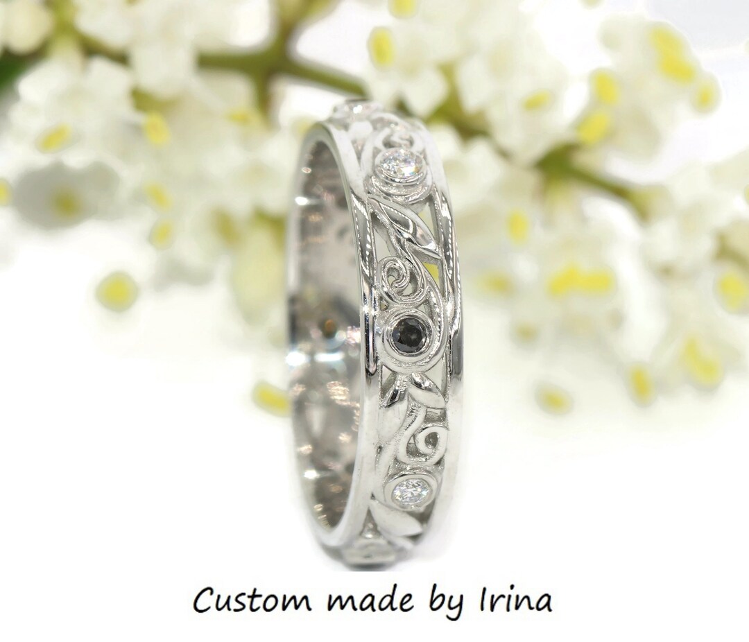Leaf Filigree Scrolls Alternating Black and White Diamonds Eternity ...