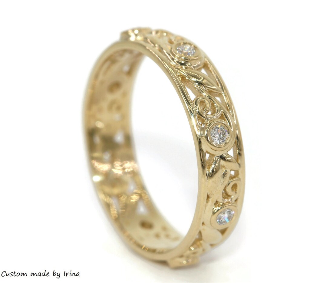 Natural Diamonds Rustic Leaf Vine Scroll Filigree Eternity Wedding Ring ...