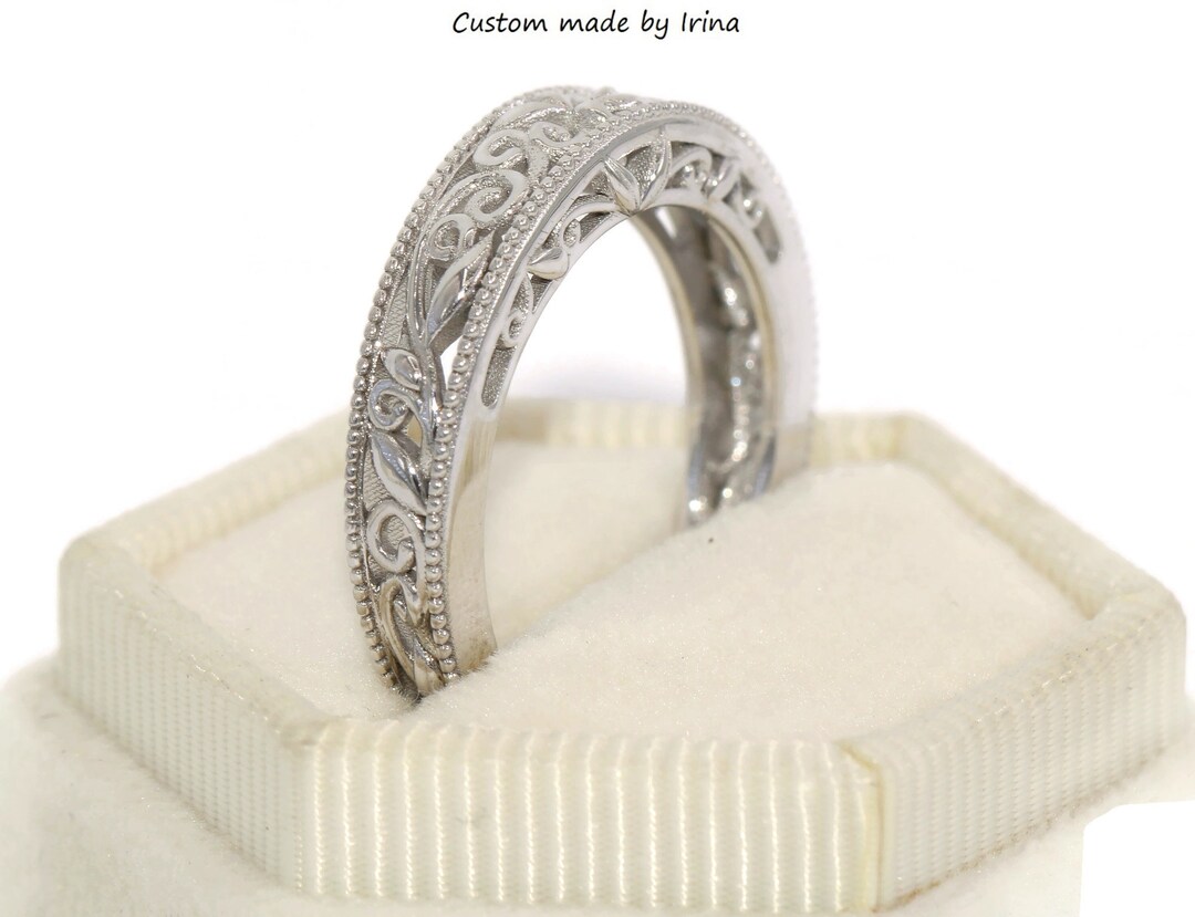 Milgrain Leaf Vine Scroll Pattern Filigree Rustic Wedding Ring Custom ...
