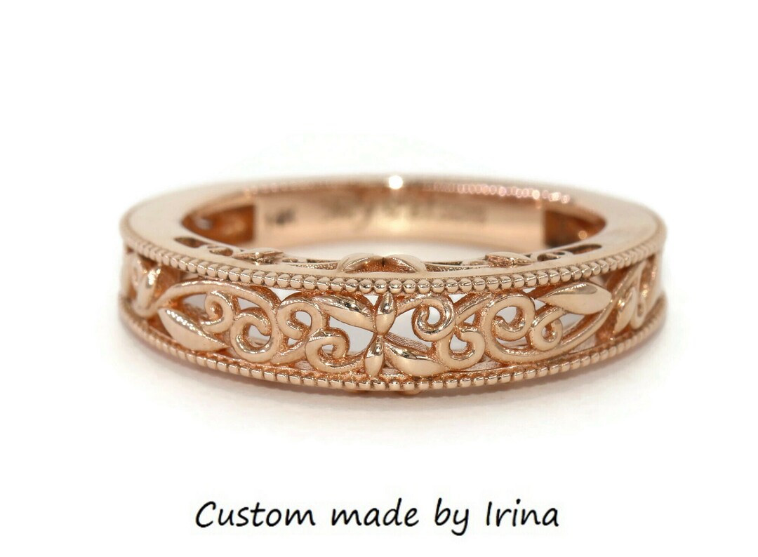 Scroll Pattern Filigree Milgrain Vine Leaf Rustic Wedding Ring - Etsy