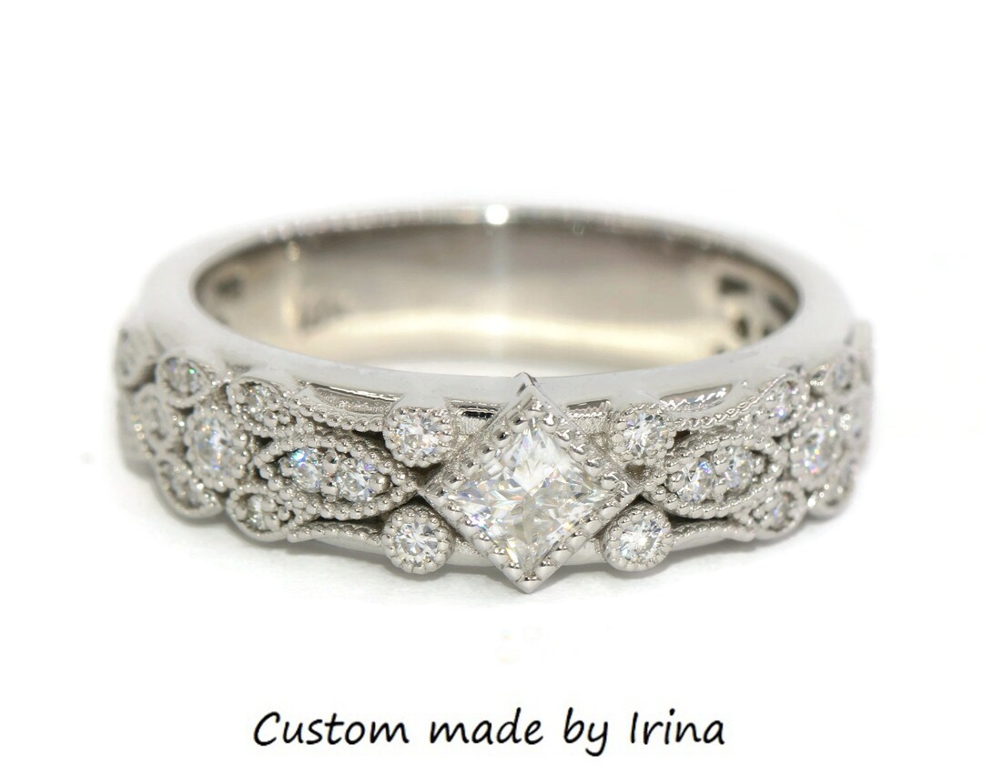Lab Diamond Vintage Inspired Milgrain Pattern Princess Ring 14k Solid ...