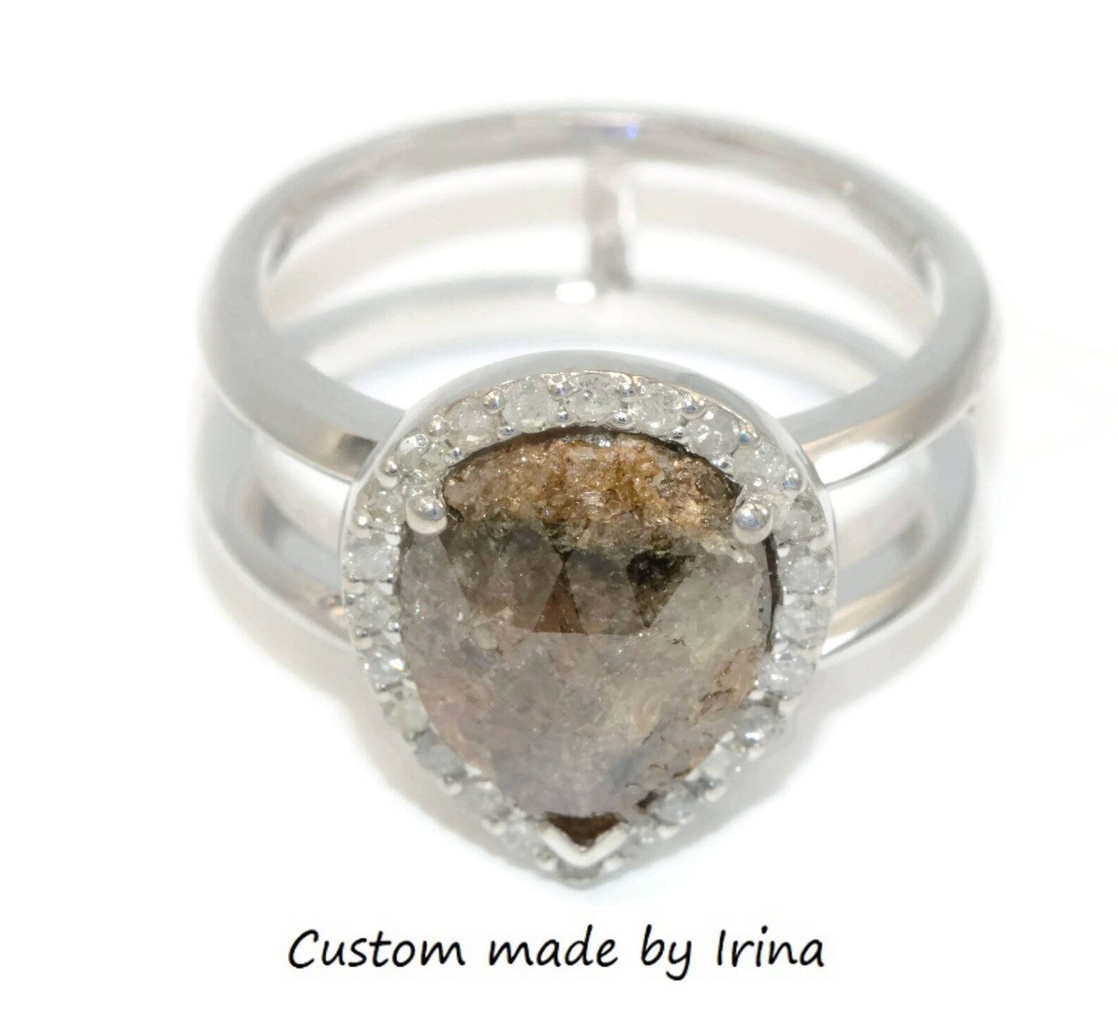 Pear Rose Cut Rustic Diamond Engagement Ring Grey Diamond | Etsy