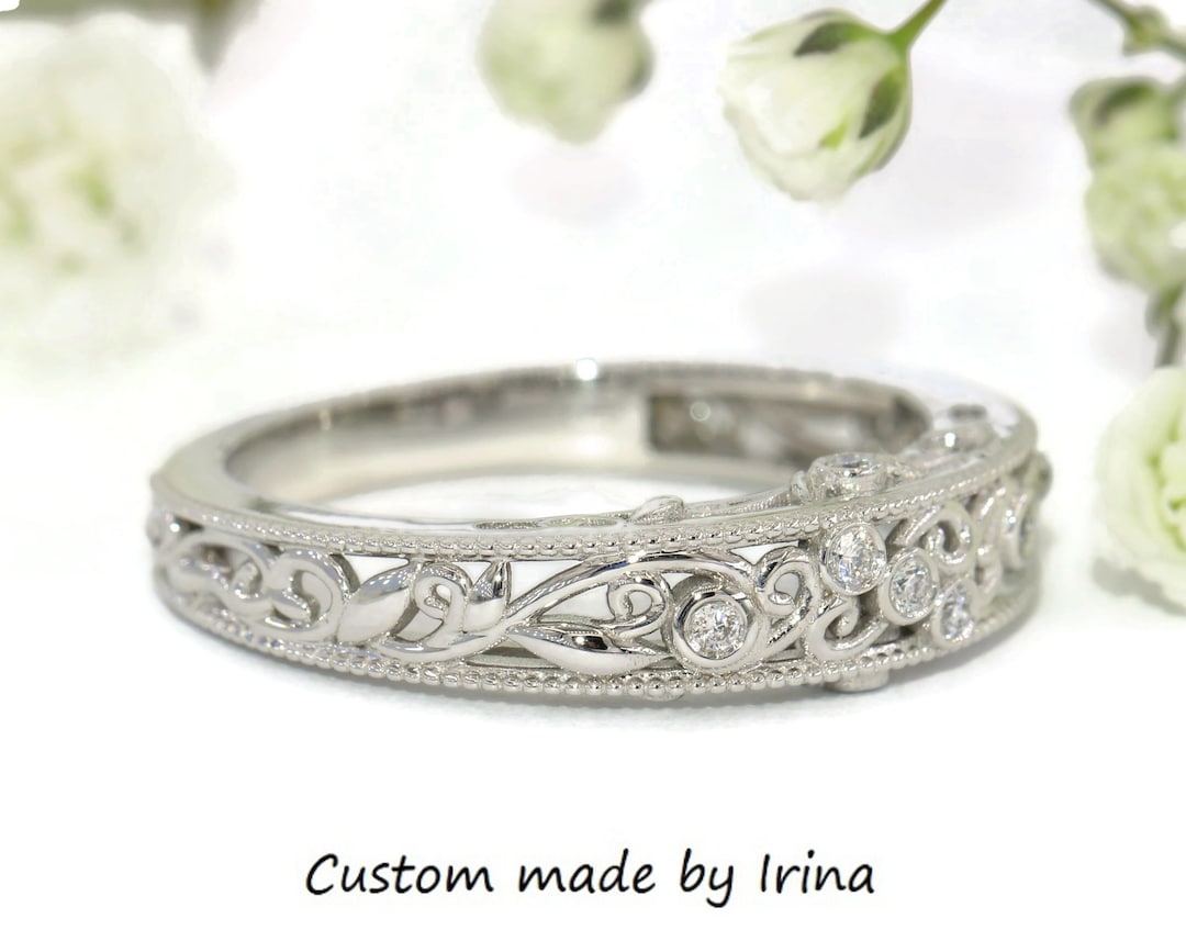 Rustic Vine Leaf Scroll-work Filigree Diamond Wedding Ring Custom Made ...