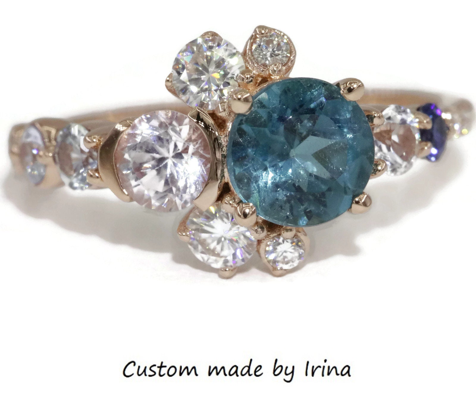 Indicolite Tourmaline Cluster Engagement Ring by Irina