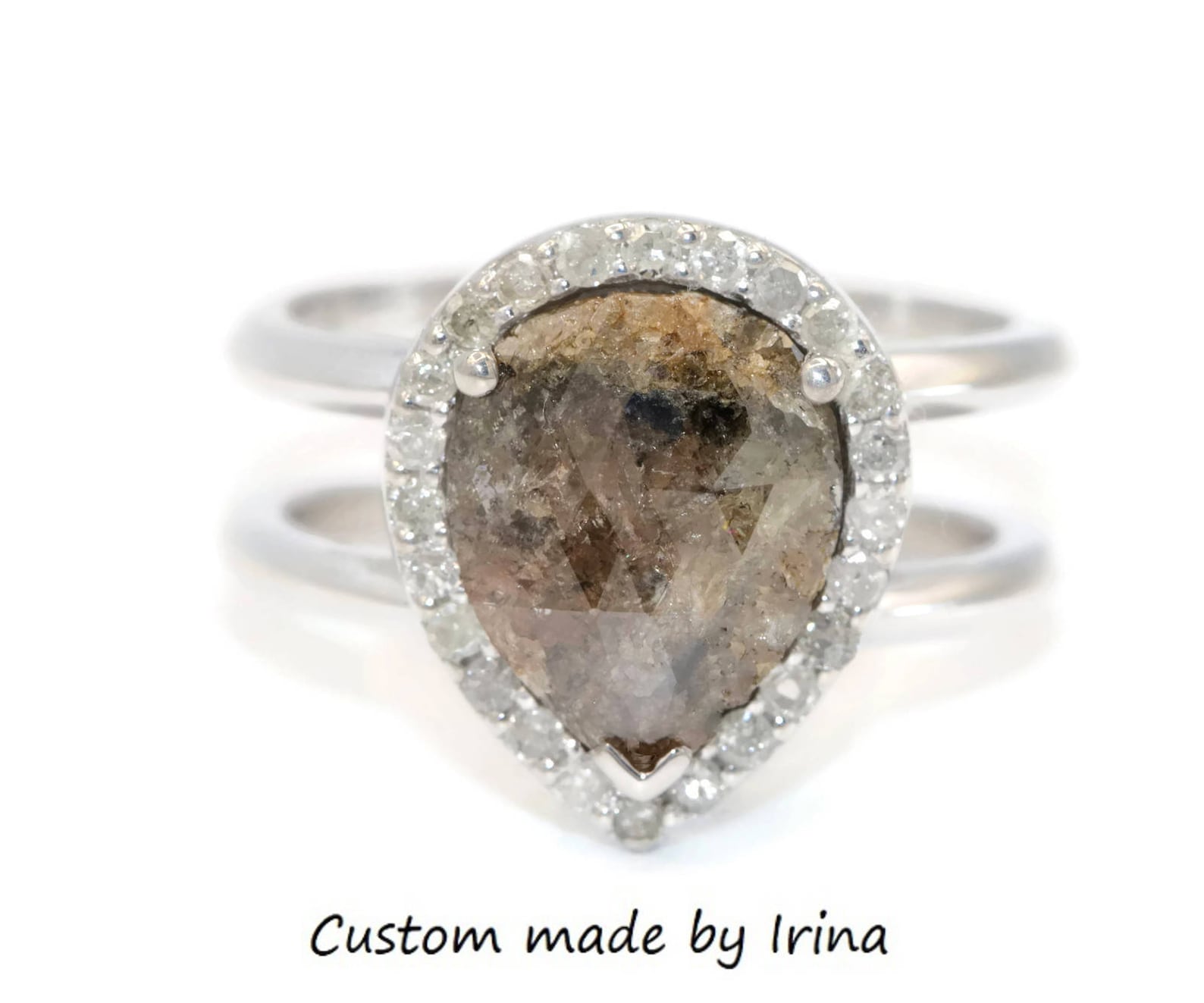 Pear Rose Cut Rustic Diamond Engagement Ring Grey Diamond | Etsy