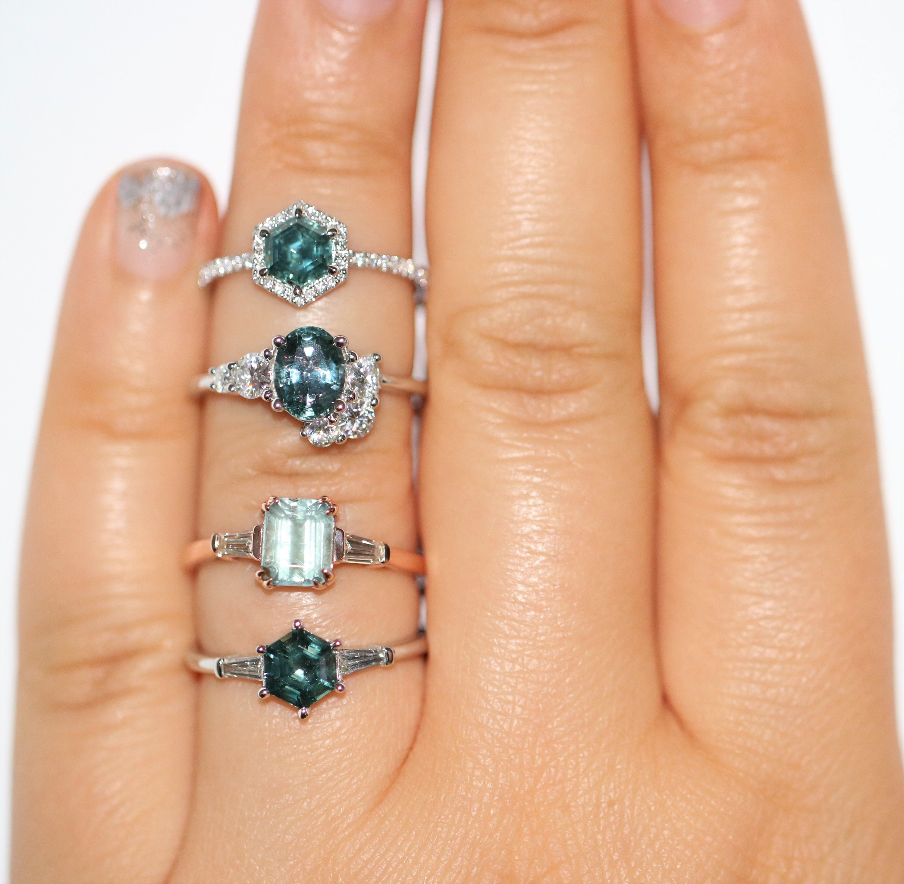 1 carat Teal Blue Green Hexagon Montana Sapphire Ring with Diamond Halo