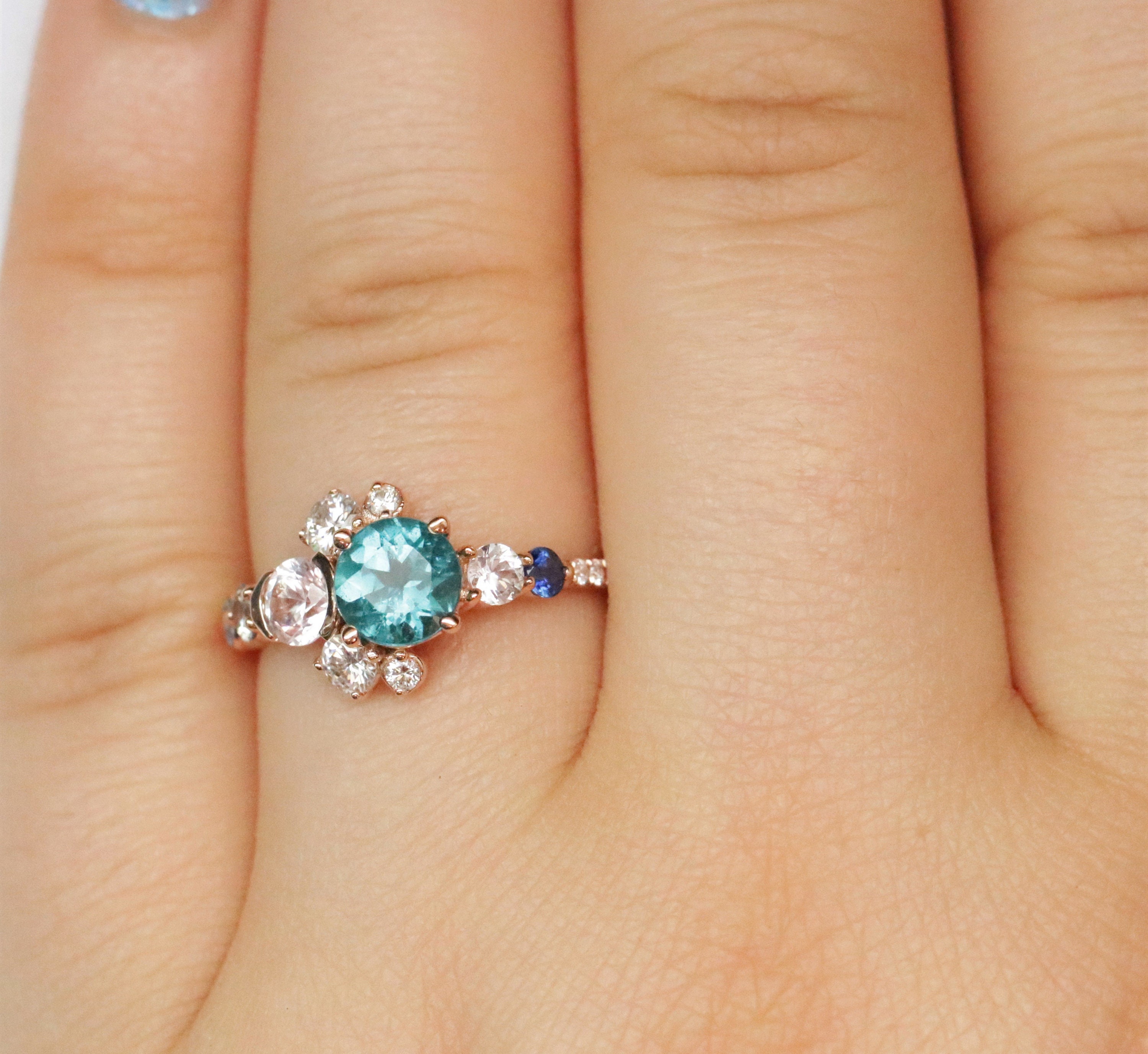 Indicolite Tourmaline Cluster Engagement Ring by Irina