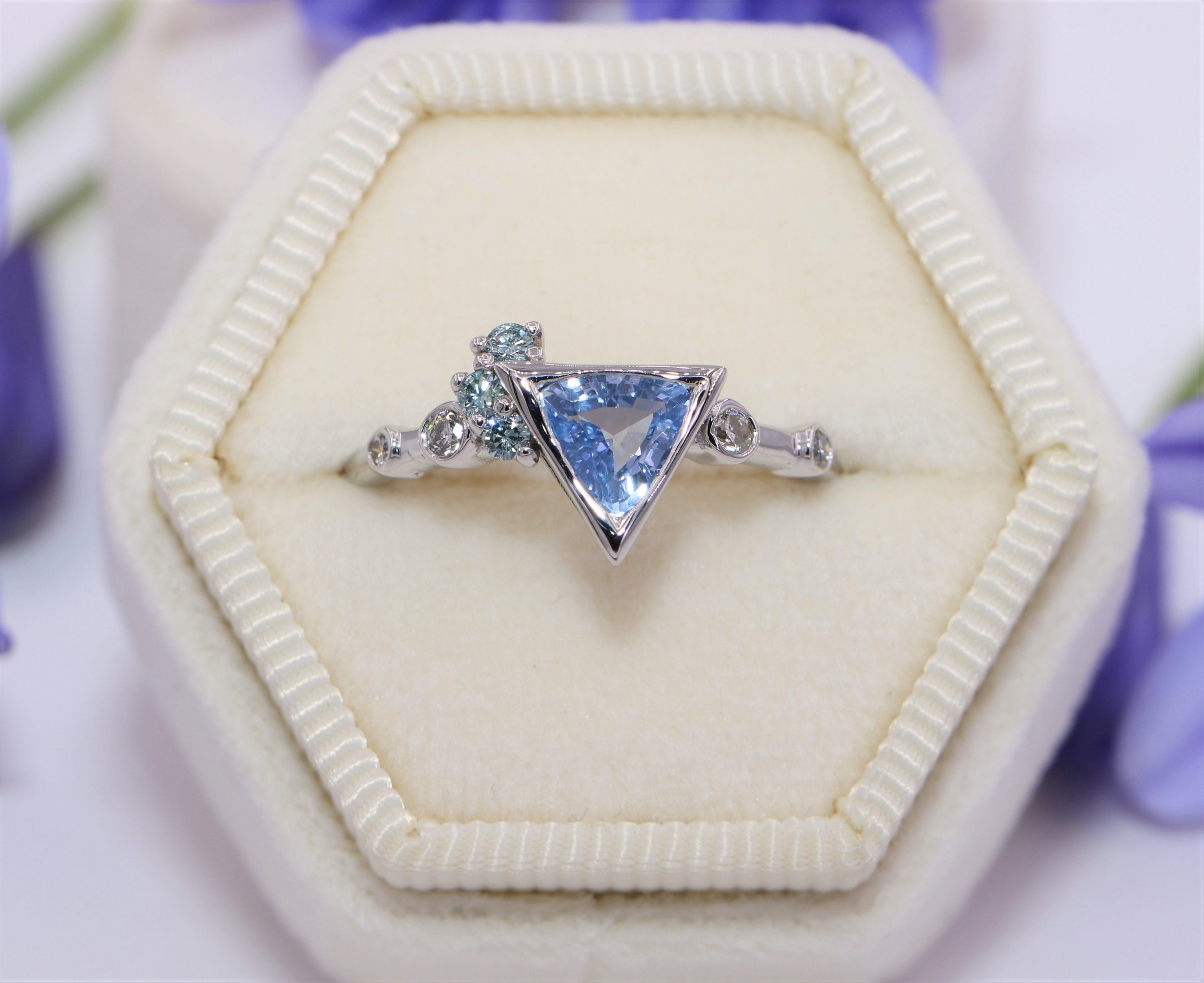 Geometric Cluster Triangle Engagement Ring with Teal Blue Sapphire and ...